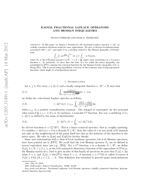 (PDF) Radial fractional Laplace operators and Hessian inequalities