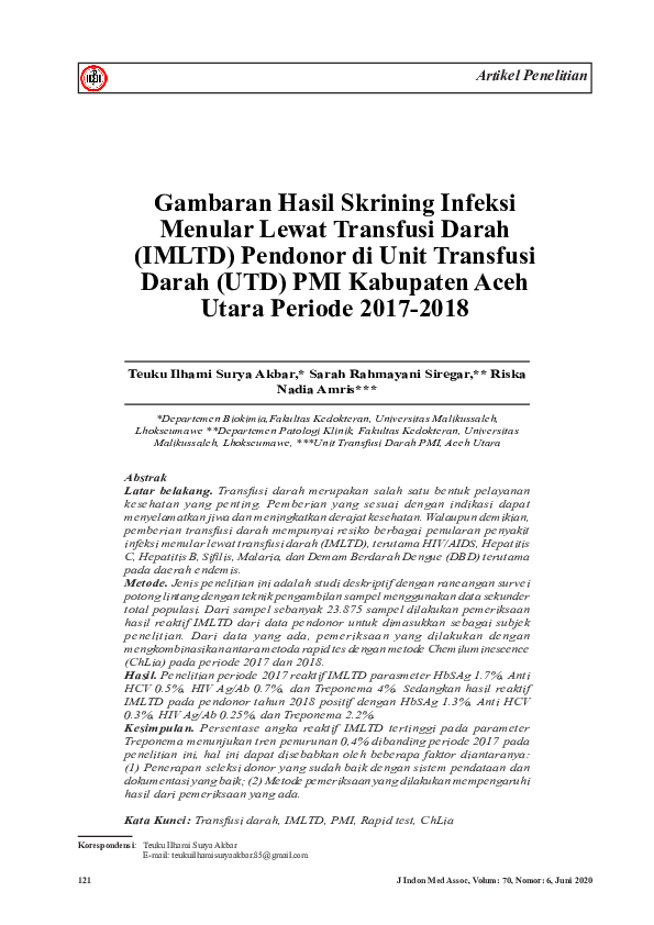 Overview of Results of Donor TTI (Transfusion Transmitted Infection ...