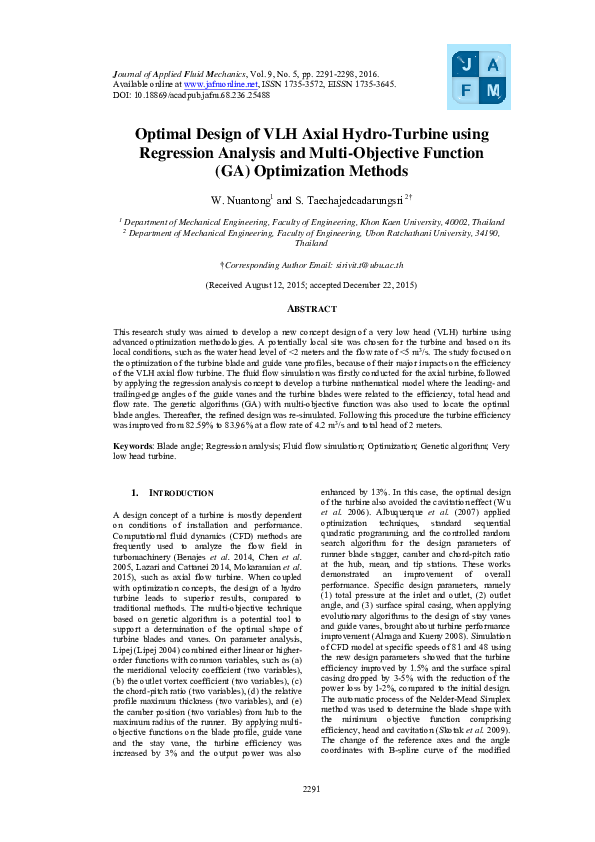 (PDF) Optimal Design of VLH Axial Hydro-Turbine using Regression Analysis and Multi-Objective ...