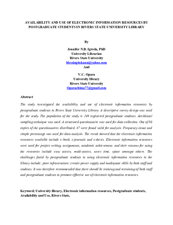 (DOC) AVAILABILITY AND USE OF ELECTRONIC INFORMATION RESOURCES BY ...