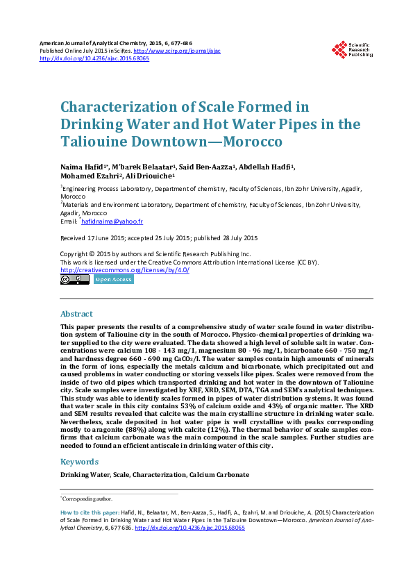 (PDF) Characterization of Scale Formed in Drinking Water and Hot Water ...