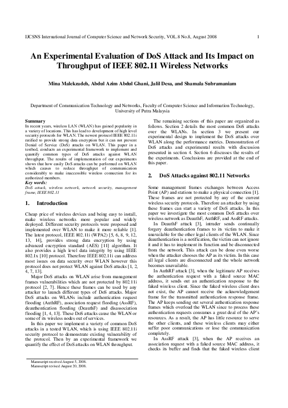(PDF) An experimental evaluation of DoS attack and its impact on throughput of IEEE 802.11 ...