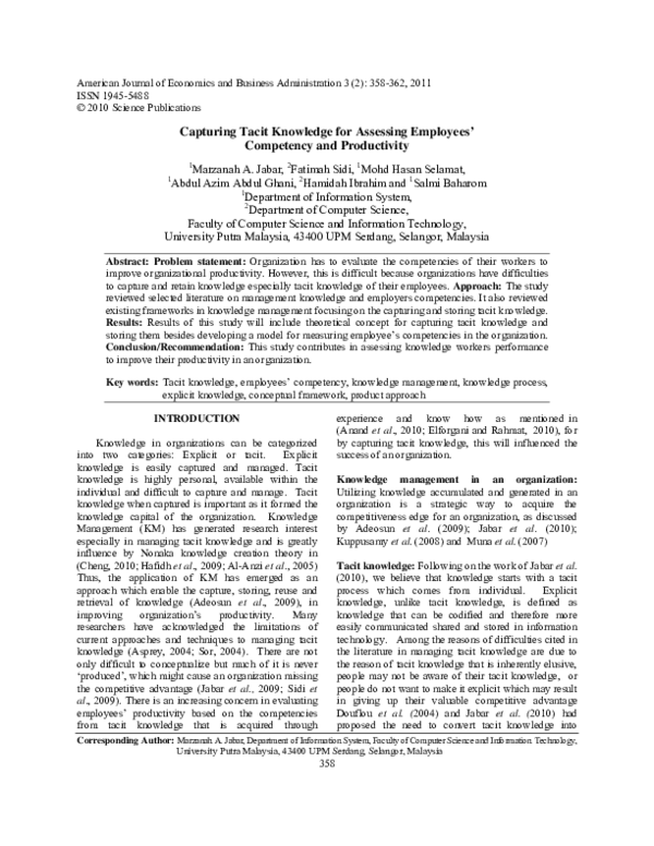 (PDF) Capturing Tacit Knowledge for Assessing Employees' Competency and Productivity