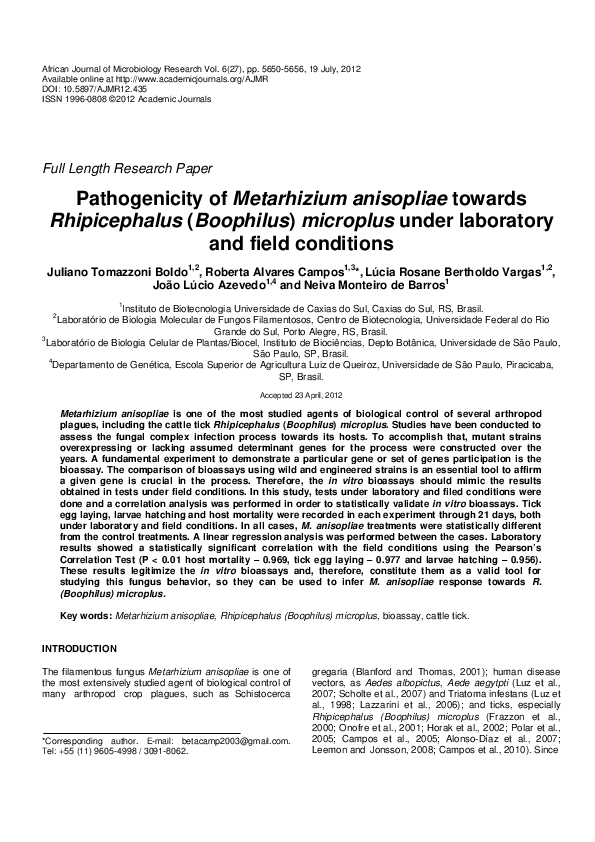 (PDF) Pathogenicity of Metarhizium anisopliae towards Rhipicephalus (Boophilus) microplus under ...