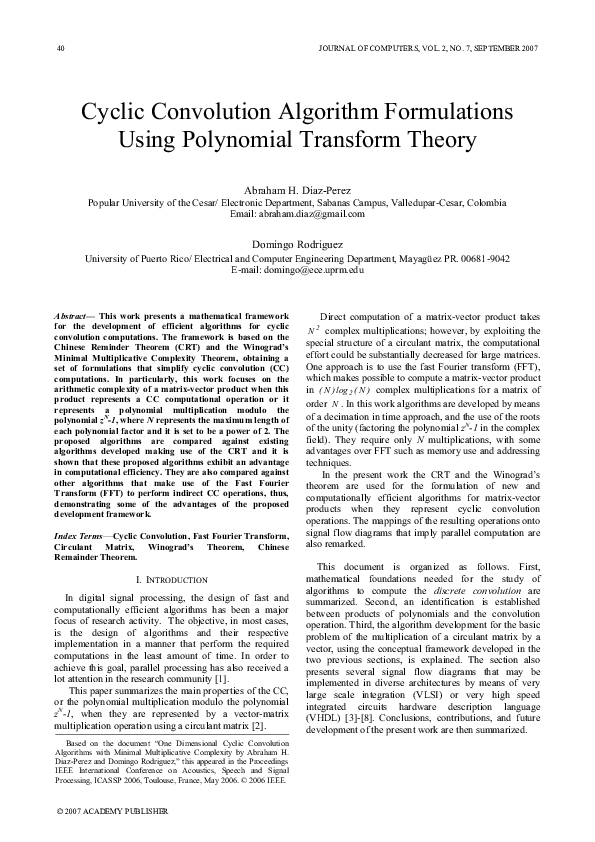 (PDF) Cyclic Convolution Algorithm Formulations Using Polynomial Transform Theory