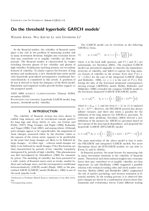 (PDF) On the threshold hyperbolic GARCH models