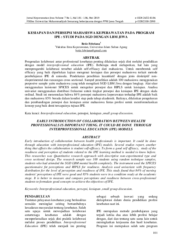 (PDF) Kesiapan Dan Persepsi Mahasiswa Keperawatan Pada Program Ipe : Studi Pada SGD Dengan LBM Jiwa