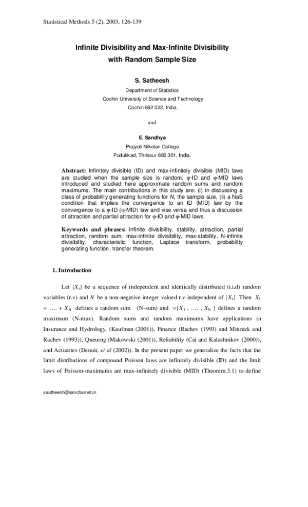 (PDF) Infinite Divisibility and Max-Infinite Divisibility with Random Sample Size