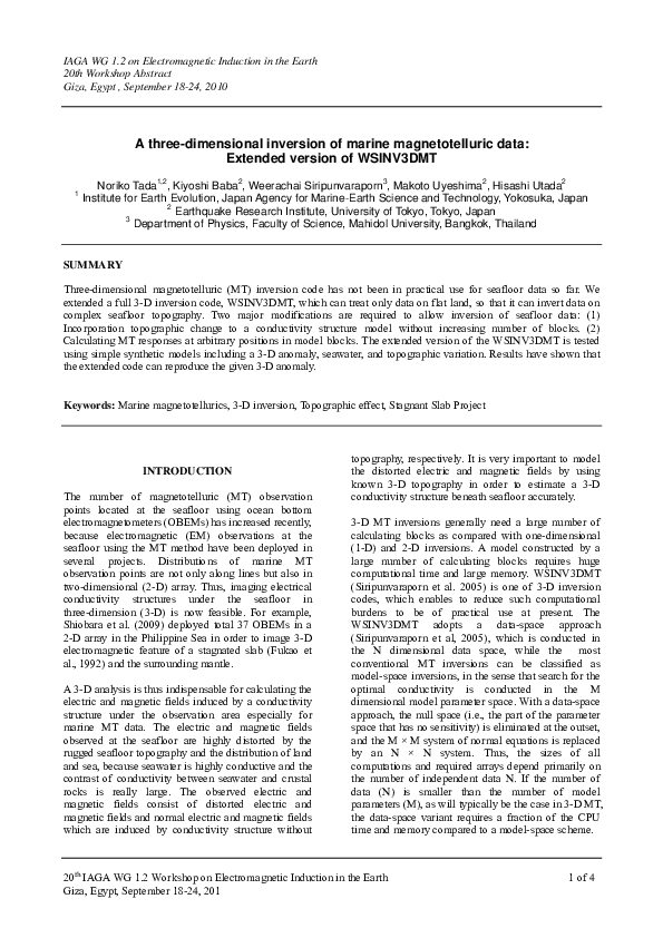 (PDF) A three-dimensional inversion of marine magnetotelluric data: Extended version of WSINV3DMT