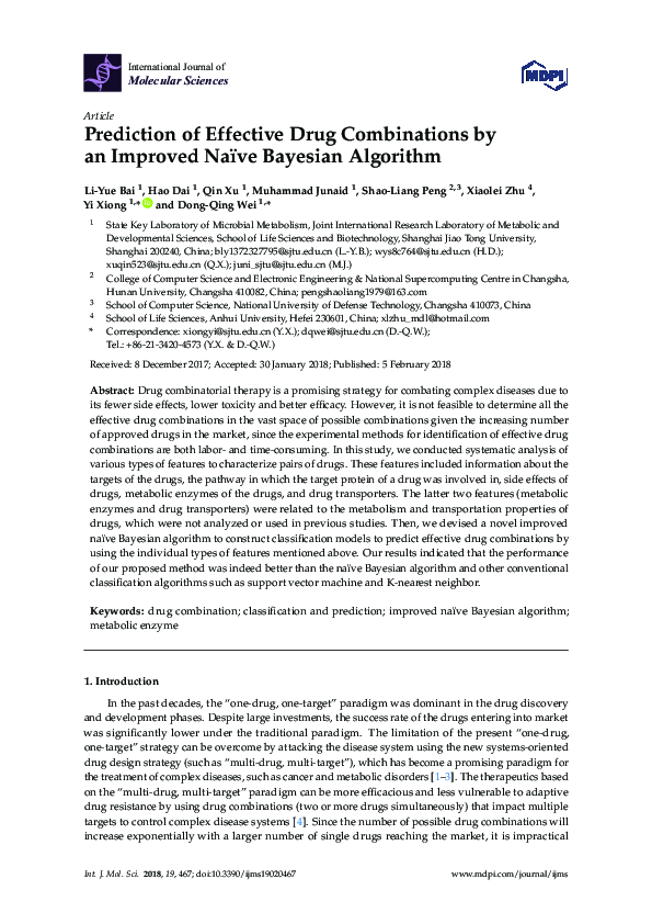 Pdf Prediction Of Effective Drug Combinations By An Improved Naïve Bayesian Algorithm