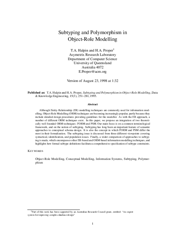 (PDF) Subtyping and polymorphism in object-role modelling