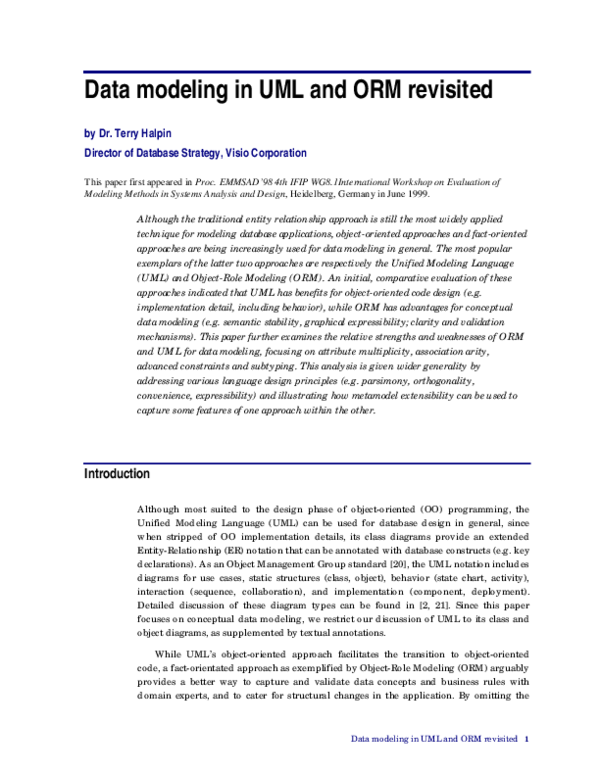 Pdf Data Modeling In Uml And Orm Revisited