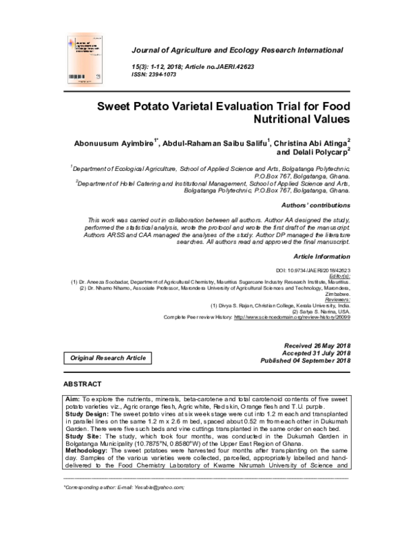 Pdf Sweet Potato Varietal Evaluation Trial For Food Nutritional Values