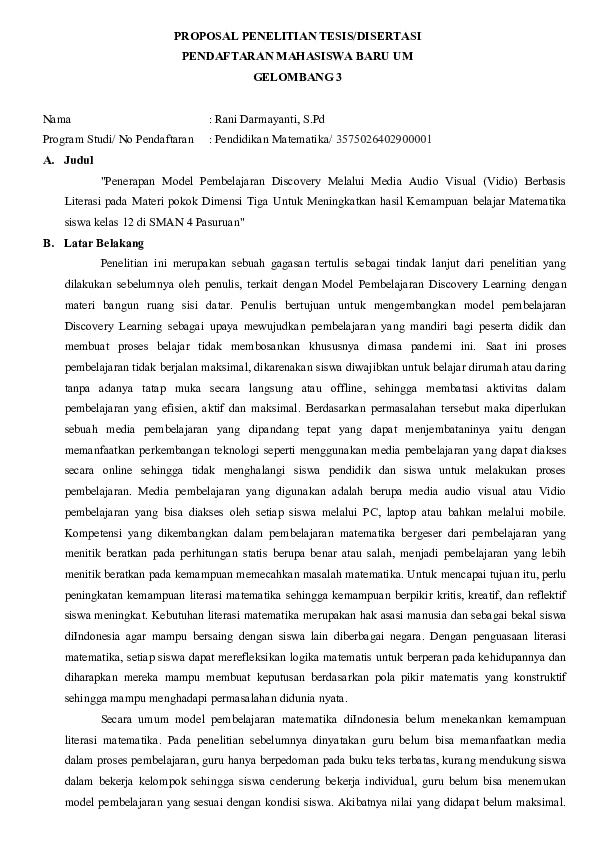 (DOC) PROPOSAL PENELITIAN TESIS/DISERTASI PENDAFTARAN MAHASISWA BARU UM ...