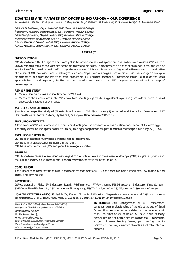 (PDF) Diagnosis and Management of CSF Rhinorrhoea – Our Experience
