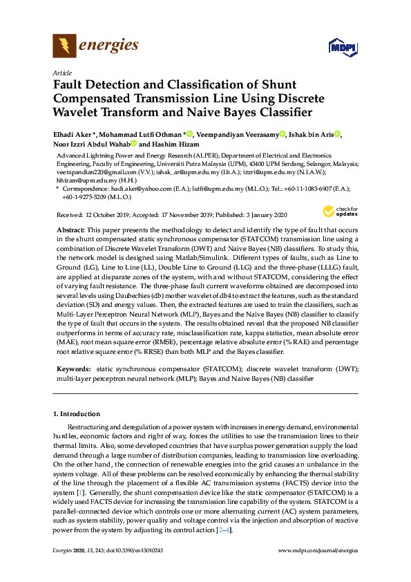 Pdf Fault Detection And Classification Of Shunt Compensated Transmission Line Using Discrete