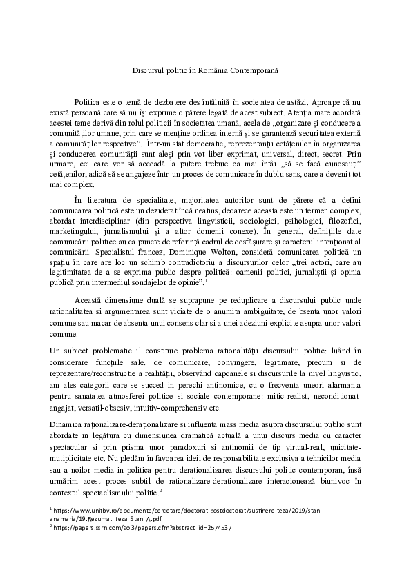 (DOC) Discursul politic în România Contemporană