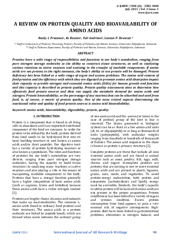 (PDF) A REVIEW ON PROTEIN QUALITY AND BIOAVAILABILITY OF AMINO ACIDS