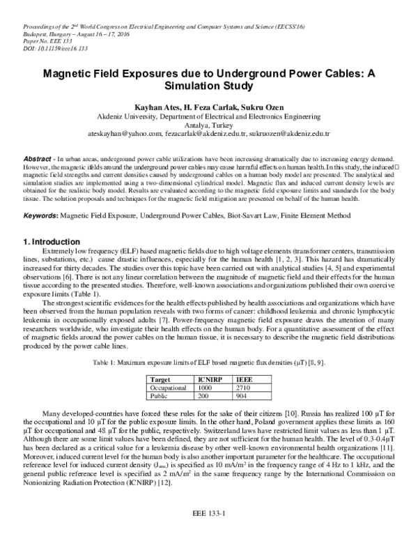 (PDF) Magnetic Field Exposures due to Underground Power Cables: A ...