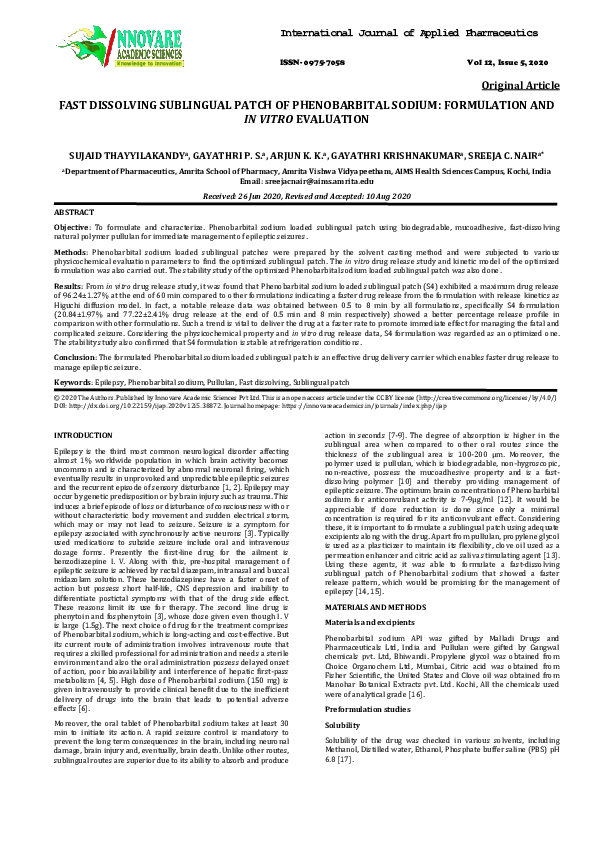 Pdf Fast Dissolving Sublingual Patch Of Phenobarbital Sodium Formulation And In Vitro Evaluation