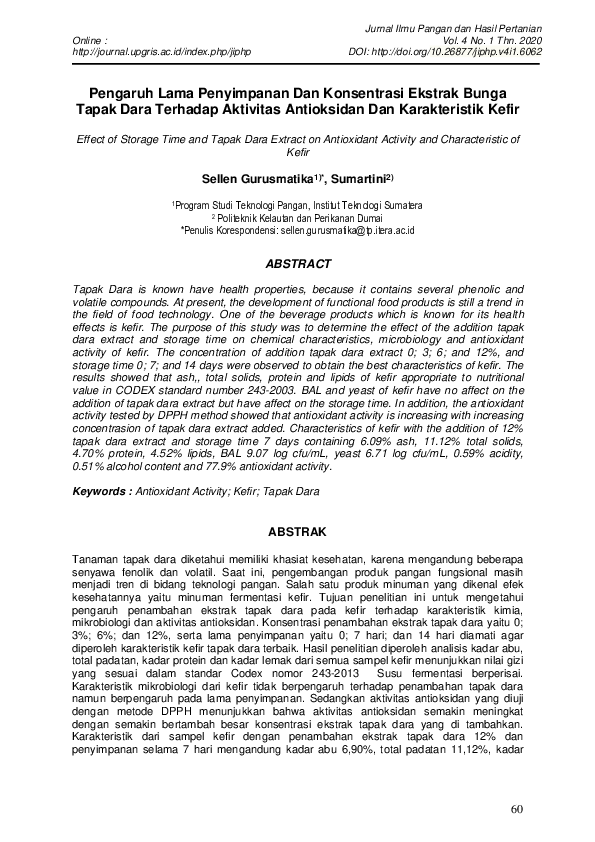 (PDF) Pengaruh Lama Penyimpanan Dan Konsentrasi Ekstrak Bunga Tapak Dara Terhadap Aktivitas ...