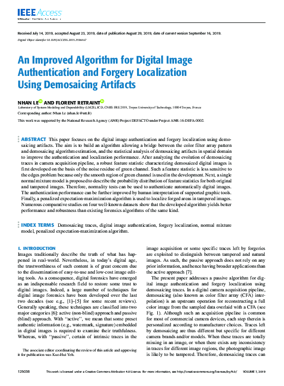 (PDF) An Improved Algorithm for Digital Image Authentication and Forgery Localization Using ...