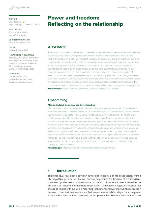 (PDF) Power and freedom: Reflecting on the relationship