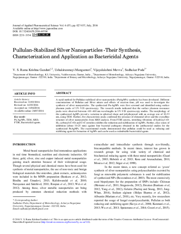 (PDF) Pullulan-Stabilized Silver Nanoparticles -Their Synthesis, Characterization and ...