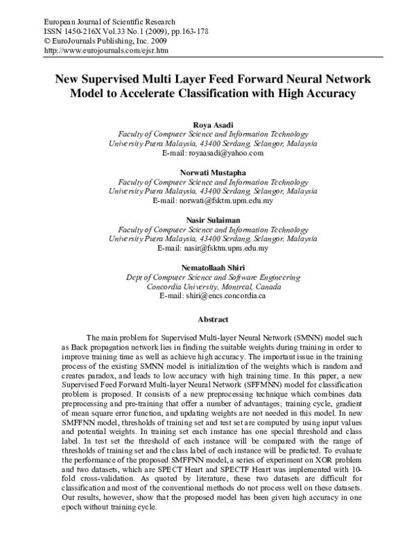 Pdf New Supervised Multi Layer Feed Forward Neural Network Model To Accelarate Classification