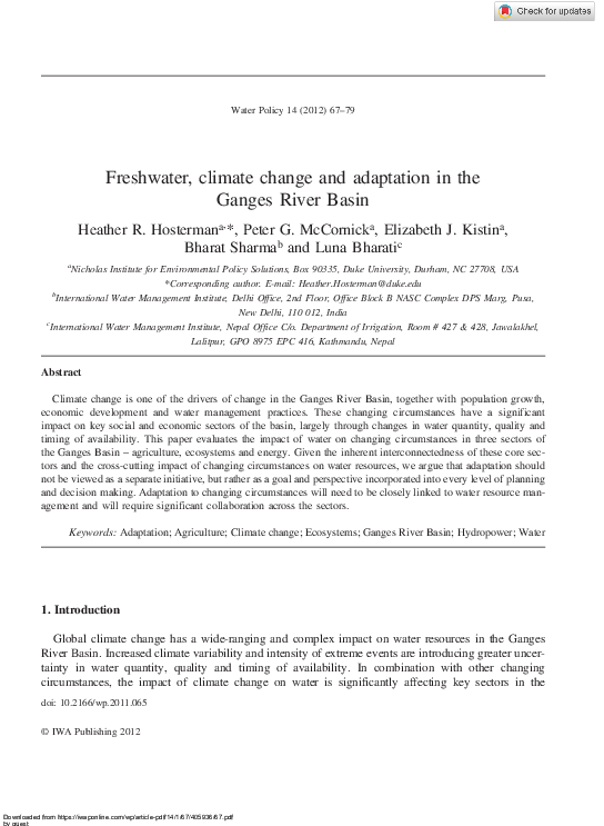 (PDF) Freshwater, climate change and adaptation in the Ganges River Basin