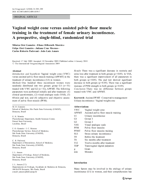 (PDF) Vaginal weight cone versus assisted pelvic floor muscle training ...