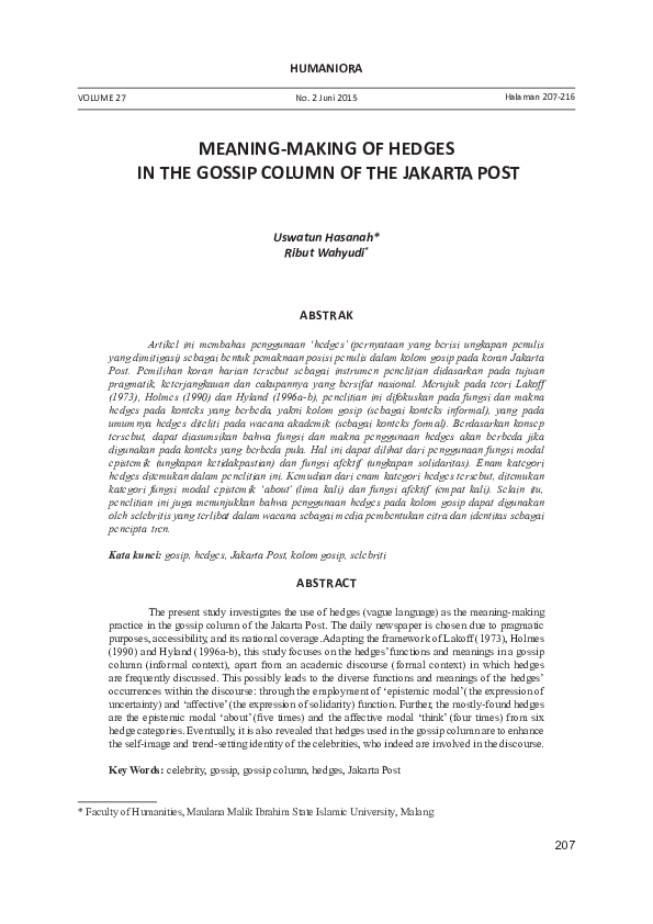 (PDF) Meaning-Making of Hedges in the Gossip Column of the Jakarta Post