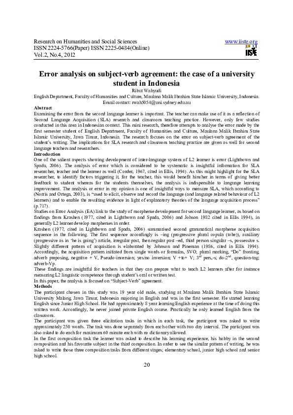 (PDF) Error analysis on subject-verb agreement: the case of a ...