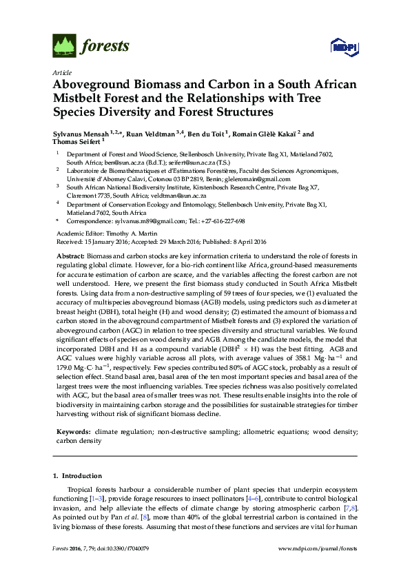 (PDF) Aboveground Biomass and Carbon in a South African Mistbelt Forest ...