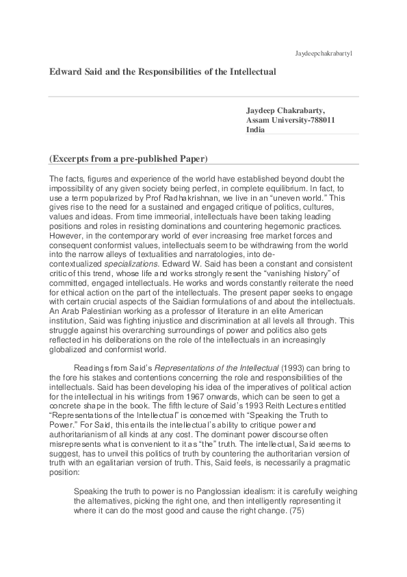 (PDF) Edward Said and the Responsibilities of the Intellectual
