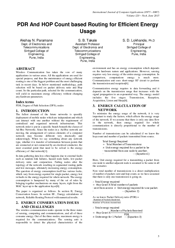 (PDF) PDR And HOP Count based Routing for Efficient Energy Usage