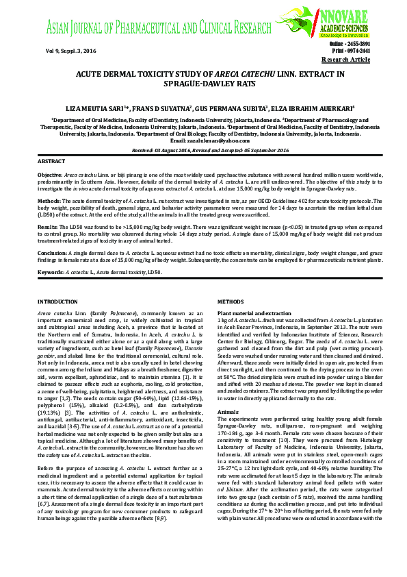 (PDF) Acute Dermal Toxicity Study of Areca Catechu Linn. Extract in Sprague-Dawley Rats