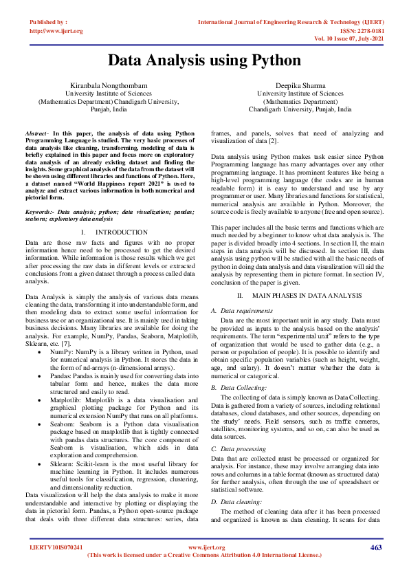 Pdf Ijert Data Analysis Using Python Ijert Journal