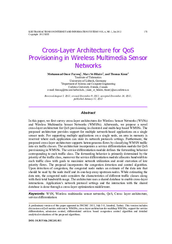 Pdf Cross Layer Architecture For Qos Provisioning In Wireless Multimedia Sensor Networks