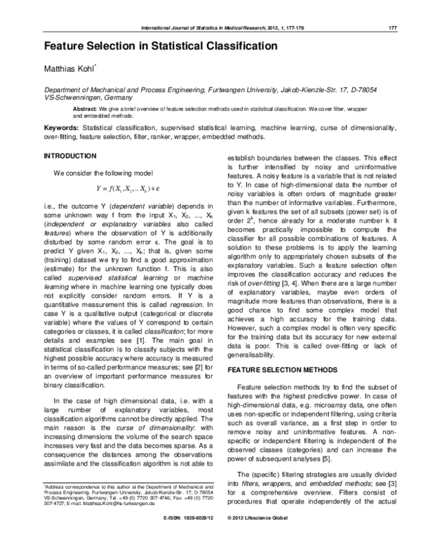 (PDF) Feature Selection in Statistical Classification