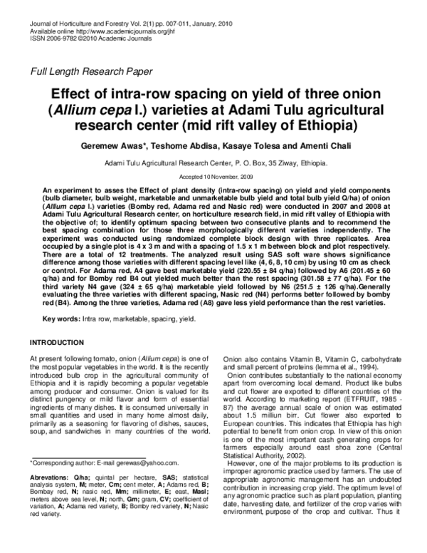 (PDF) Effect of intra-row spacing on yield of three onion (Allium cepa l.) varieties at Adami ...