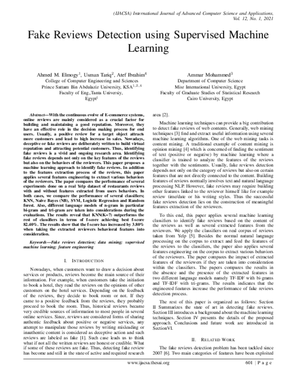 (PDF) Fake Reviews Detection using Supervised Machine Learning