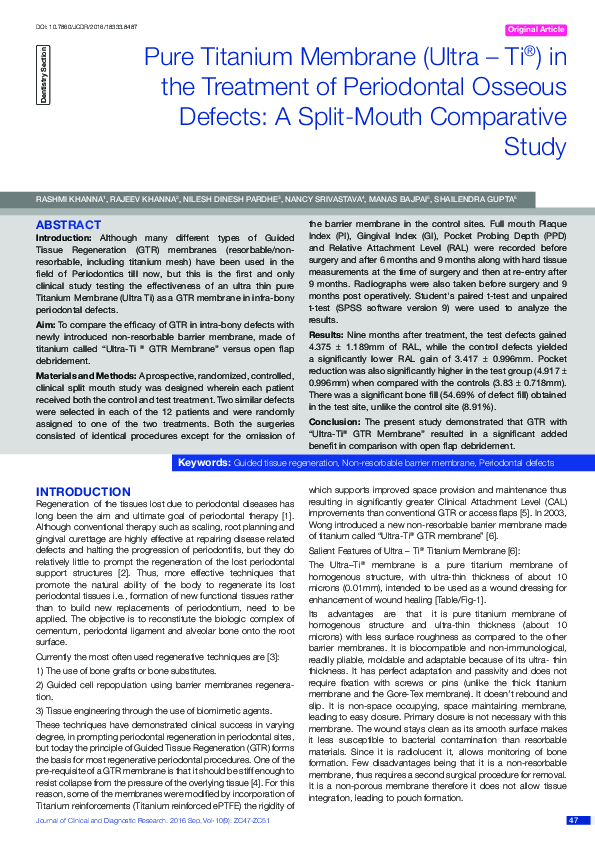 (PDF) Pure Titanium Membrane (Ultra - Ti(®)) in the Treatment of ...