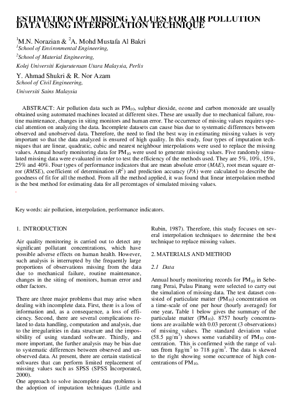 (PDF) Estimation of Missing Values for Air Pollution Data Using Interpolation Techniques