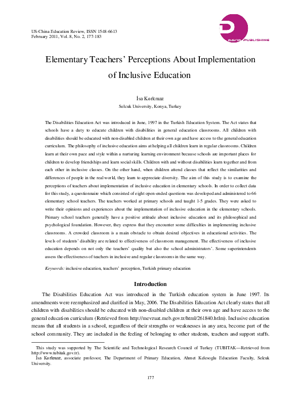 (PDF) Elementary Teachers' Perceptions about Implementation of Inclusive Education
