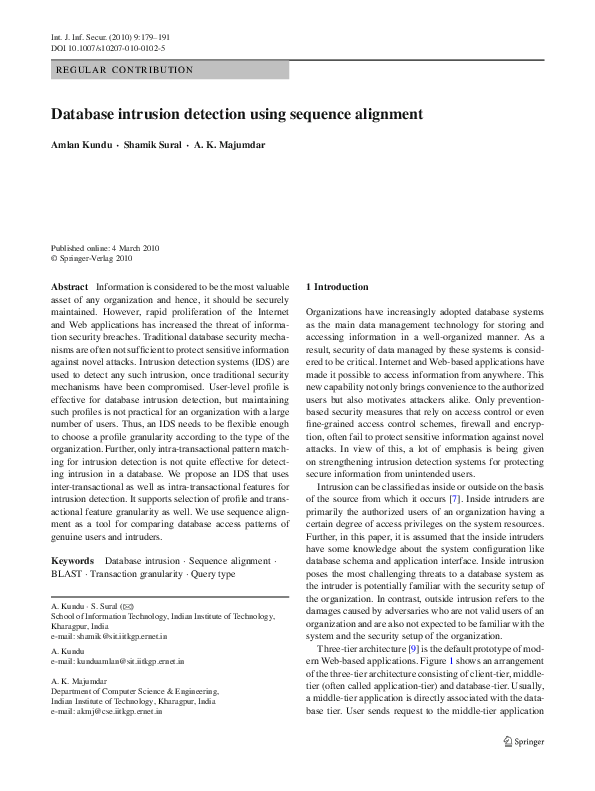 (PDF) Database intrusion detection using sequence alignment