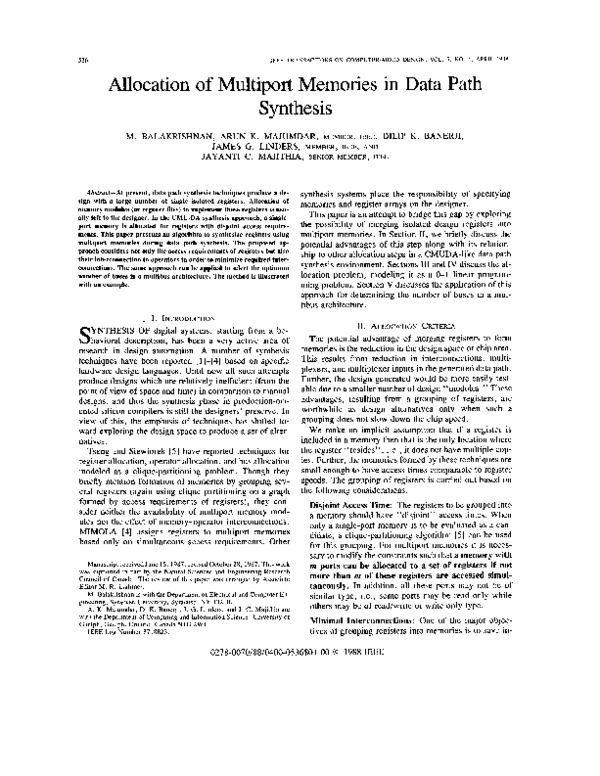 Pdf Allocation Of Multiport Memories In Data Path Synthesis Arun Kumar Majumdar 