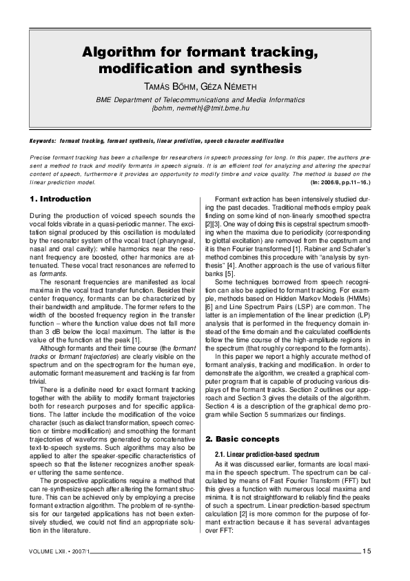 Pdf Algorithm For Formant Tracking Modification And Synthesis 4931