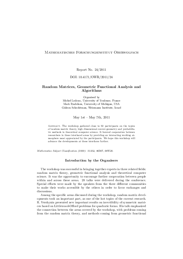 (PDF) Random Matrices, Geometric Functional Analysis and Algorithms