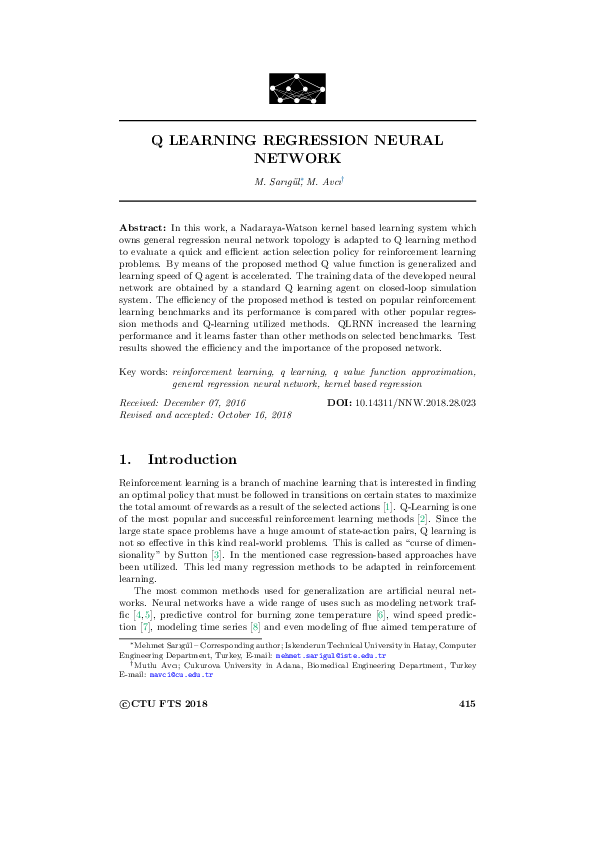(PDF) Q Learning Regression Neural Network